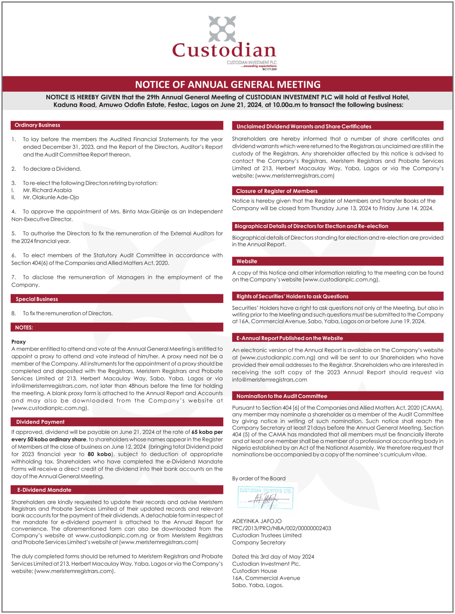 Custodian Notice of Annual General Meeting