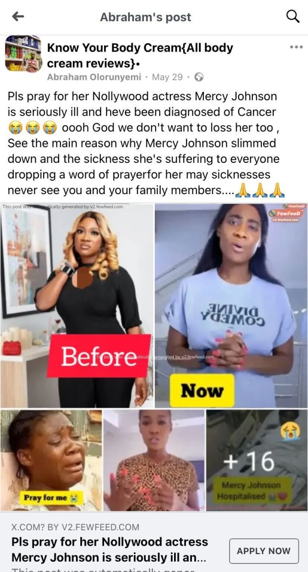 FACT-CHECK: Facebook users spread misinformation on Mercy Johnson's ...