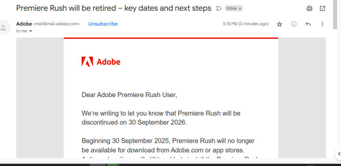Adobe to discontinue Premiere Rush by September 2026