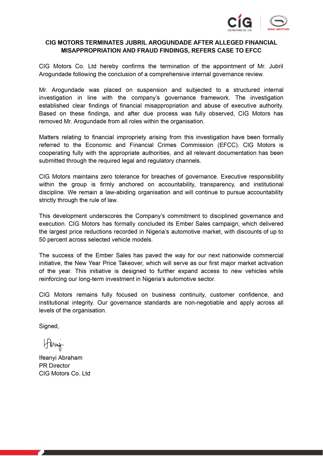 CIG Motors dismisses executive over alleged financial misconduct ...